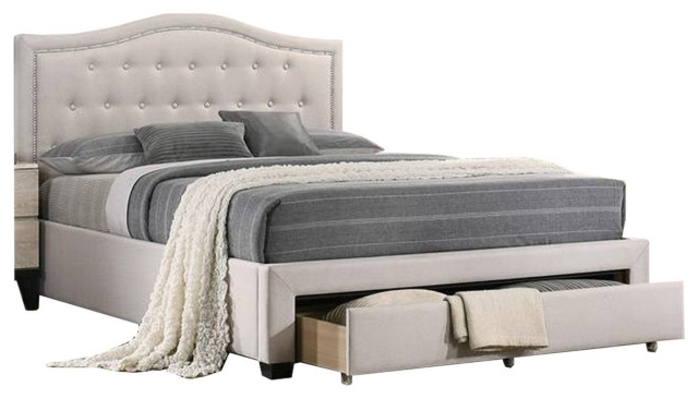 Buk Upholstered Tufted Full Bed With Storage, Nailhead Trim, Ivory ...