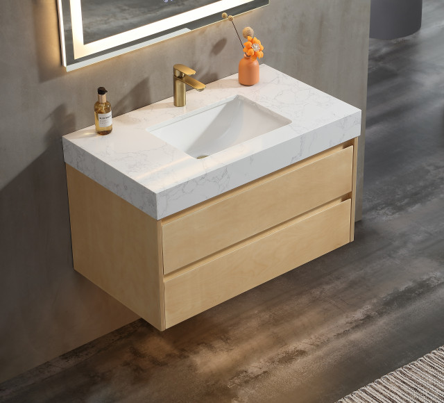 Natural Wood Finish LED Floating Modern Bathroom Vanity Set, 36 ...