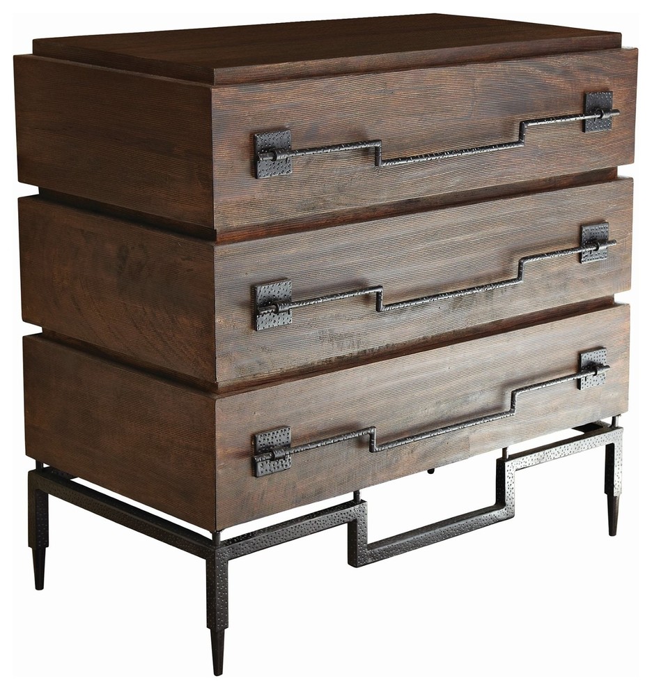 Solid Wood Dark Brown Wood Black Iron Accent Chest, Mid Century 3 ...