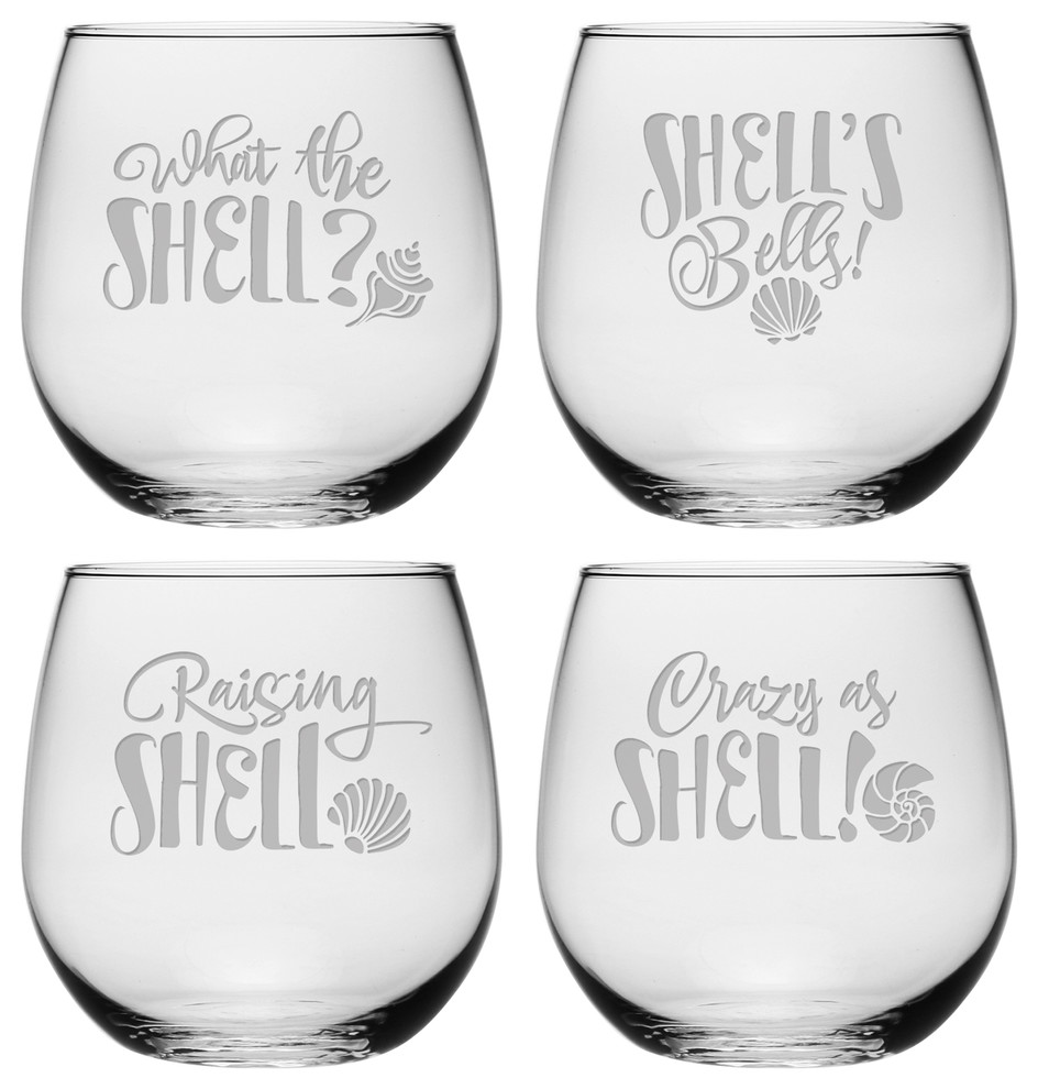 Shell Yeah 4-Piece Stemless Wine Glass Set - Beach Style - Wine Glasses ...