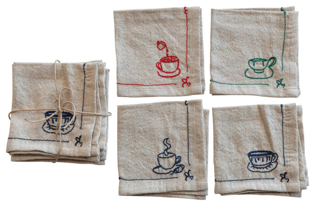 Coffee and Tea Cotton and Linen Cocktail Napkins, Multicolor, Set of 4 ...
