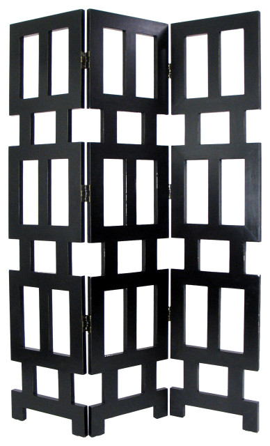 Wooden 3 Panel Room Divider with Rectangular Cut Outs, Black ...