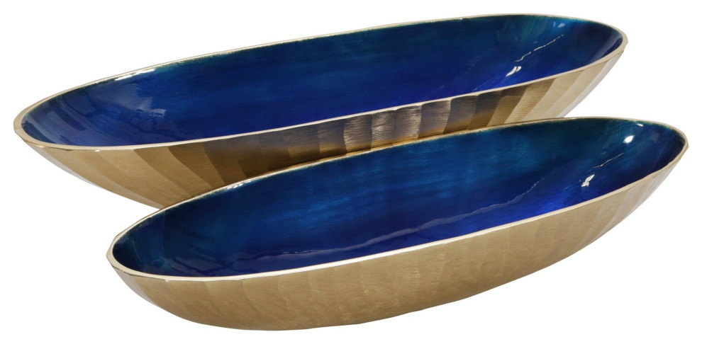 Dual Tone Oval Metal Bowl With Hammered Exterior, Set of 2, Gold and ...