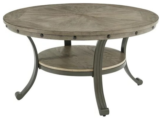 Industrial Round Coffee Table with Curved Legs and Nailhead Trim ...