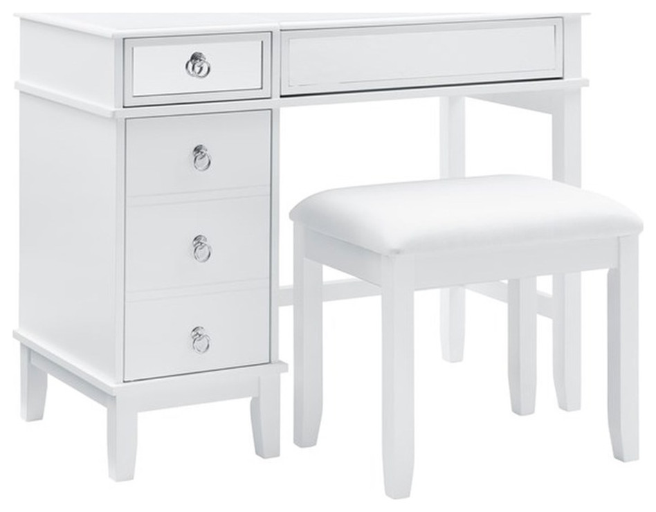 Linon Eva Wood and Mirrored Vanity & Stool Set with Storage in White ...