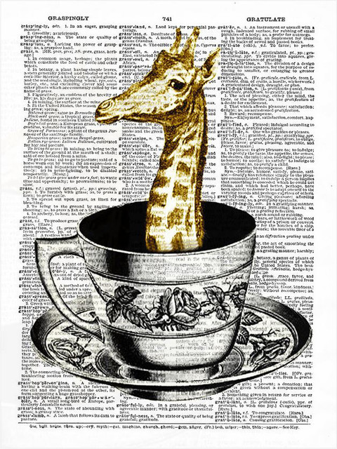 Art N Wordz Teacup Giraffe Original Dictionary Sheet Pop, Art Print ...