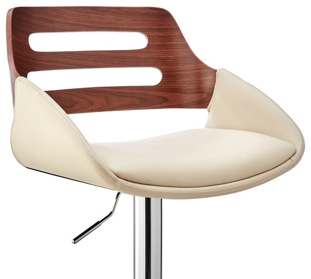 Cream Faux Leather and Walnut Wood Adjustable Bar Stool - Contemporary ...