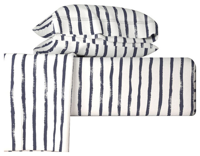 Thin Stripe Indigo Indigo Texture 4pc Cotton Sheet Set, Queen ...