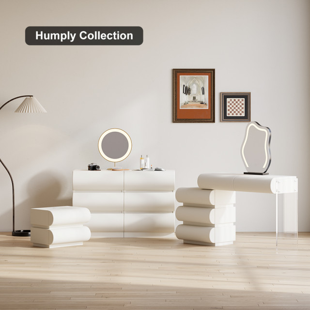 Modern White Makeup Vanity Set PU Leather Dressing Table With Stool/LED ...