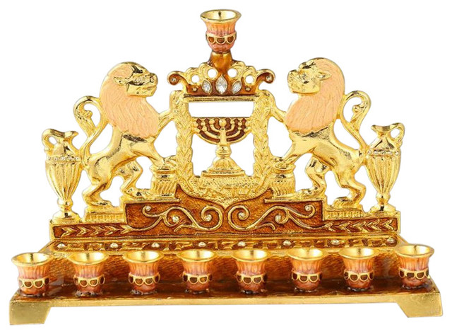 Hand Painted Enamel Menorah Candelabra With Lions and Menorah Design ...
