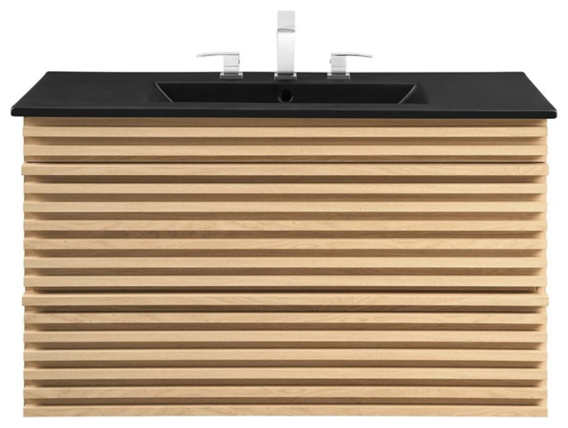 Modway Render 36" MDF Wood Wall-Mount Bathroom Vanity in Oak/Black ...