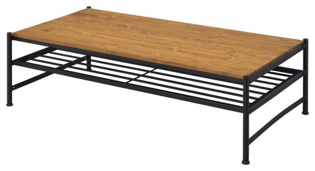 Metal and Wood Coffee Table With Slatted Bottom Shelf,Brown and Black ...