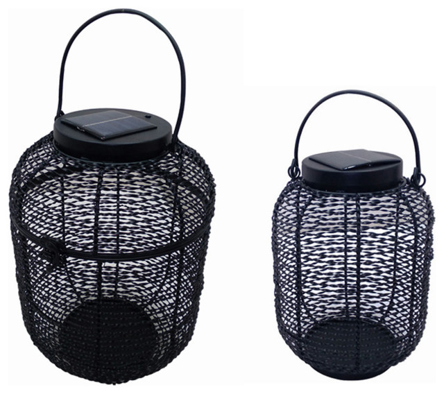 Metal,s/2 9/15"h,round Solar Lantern,black - Industrial - Candleholders ...