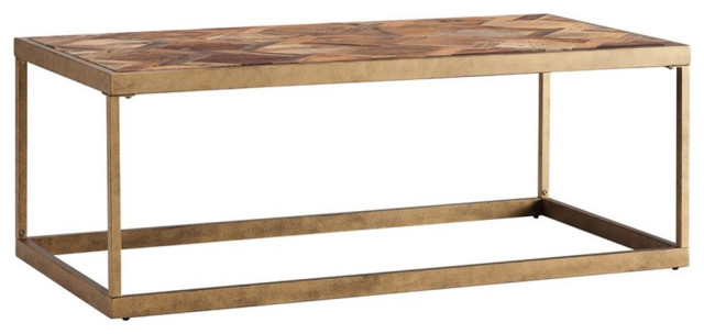 Maklaine Modern Patchwork Wood Top Coffee Table in Brass Finish ...