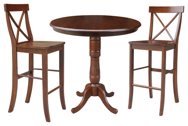 36" Round Pedestal Bar Height Table With 2 X-Back Bar Height Stools ...