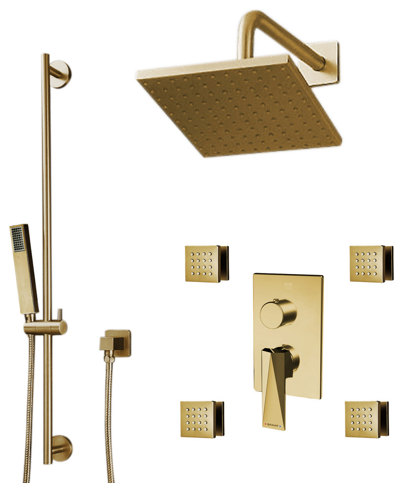 Bravat Brushed Gold Square Shower Set, Valve Mixer 3-Way Concealed Wall ...