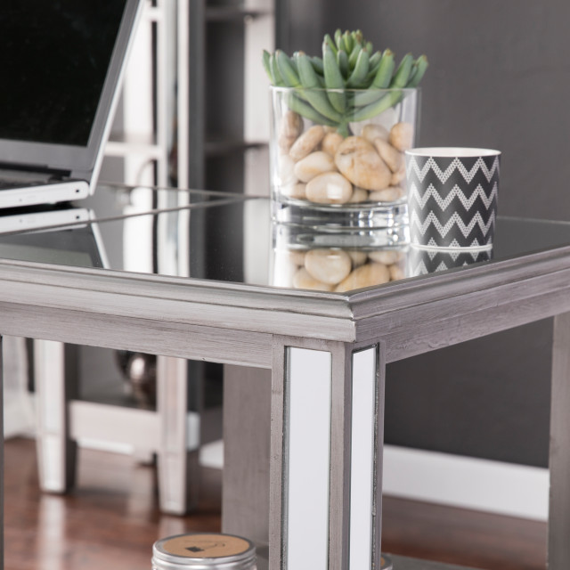 Beattie Mirrored Desk, Glam Style, Brushed Matte Silver With Mirror ...