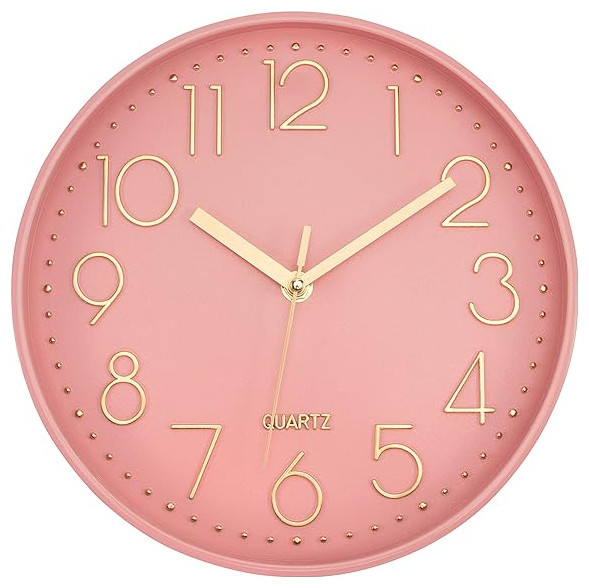 Pink Wall Clock Modern Battery Operated Analog Small Cute Silent ...