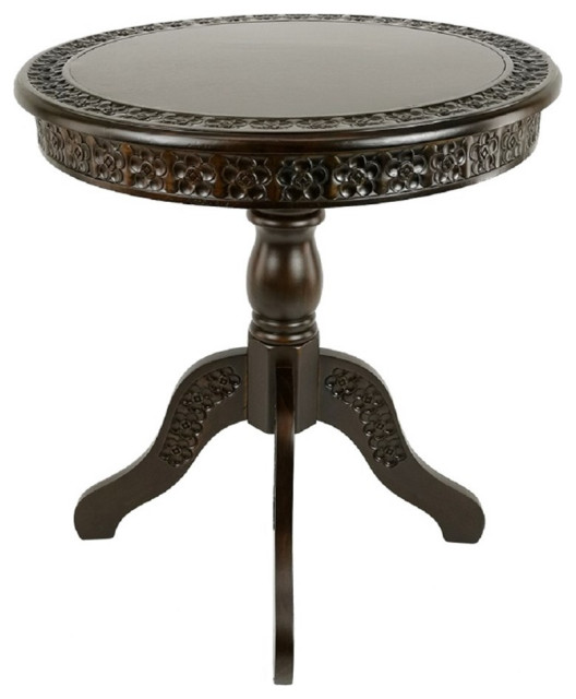 Floral carved table 23.5Wx23.5Dx26"H brown wooden three-legged table ...