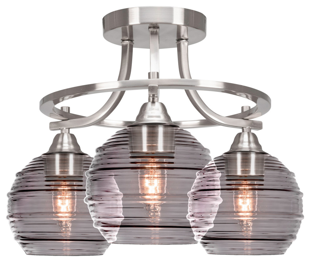 Paramount 3-Light Semi-Flush Light, Brushed Nickel, 6" Smoke Ribbed ...