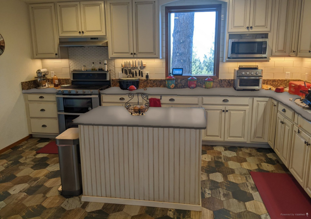 Countertops with antique white cabinets, rustic floor tile | Houzz Forum