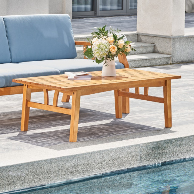 Natural Wood Outdoor Rectangular Coffee Table - Transitional - Outdoor ...