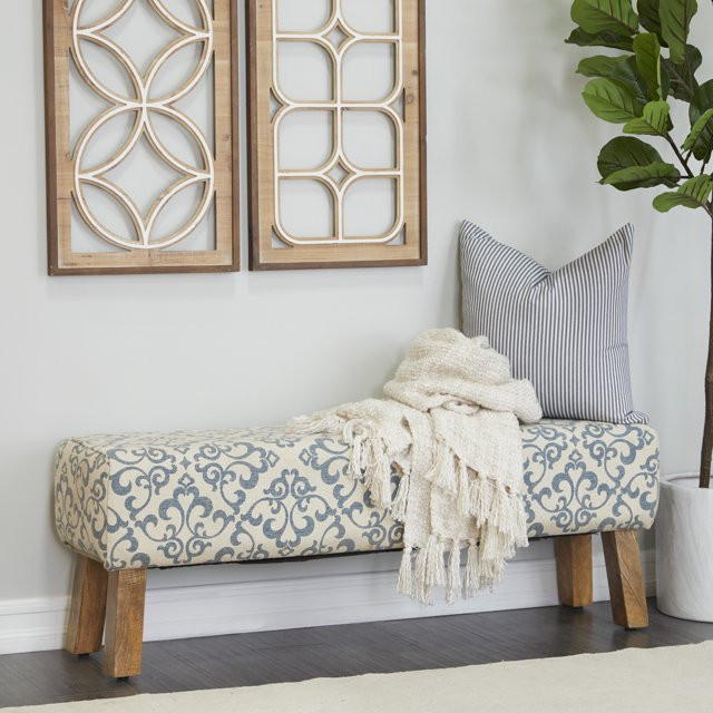 Cream Bohemian Bench with Mango Wood Legs and Patterned Upholstery ...