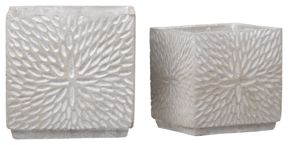 Square Cement Pot with Starburst Pattern and Stable Base, Set of 2 ...