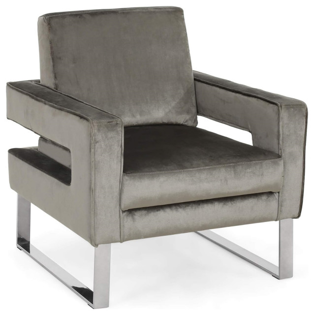 Sleek Gray/Silver Velvet Accent Chair with Metal Legs, Plush Comfort ...