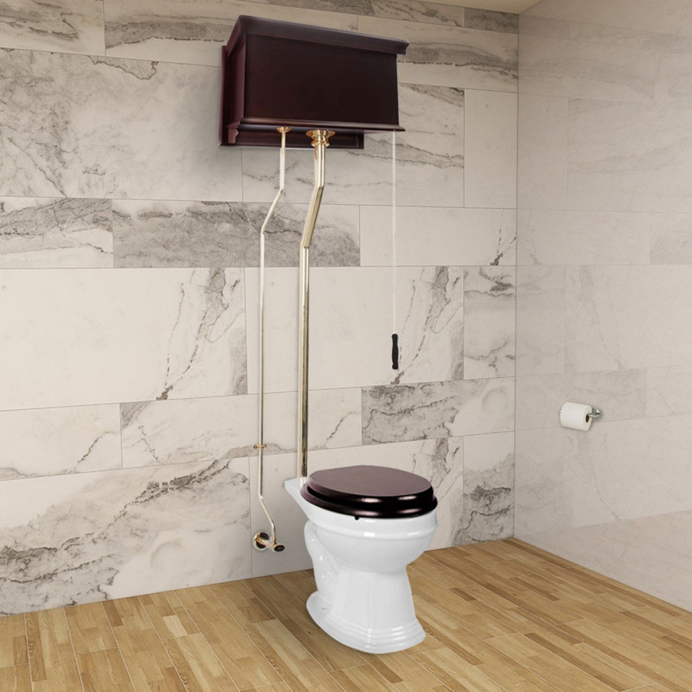 Dark Oak Flat Panel High Tank Toilet Round White Porcelain Bowl Brass ...