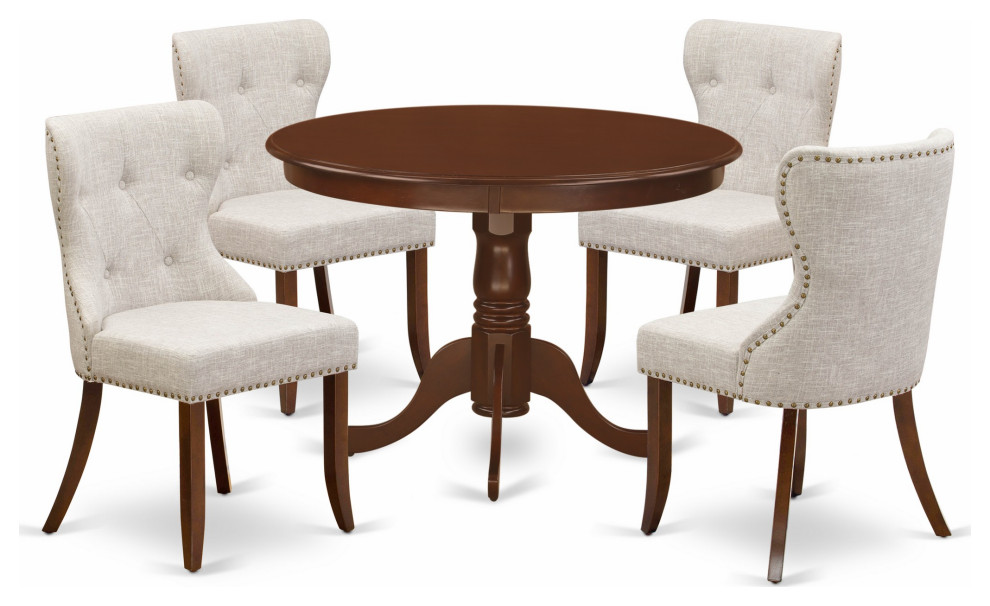 A Dining Set Of Two Parson Chairs, 42"Antique Wooden Table, Mahogany ...
