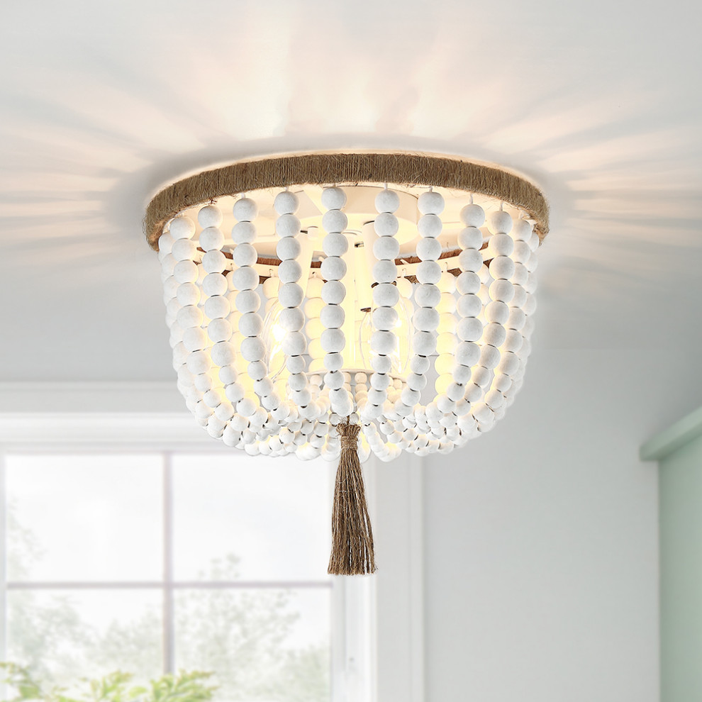 12.6" W 3-Light Bohemia Antique White Wood Beaded Flush Mount Ceiling ...