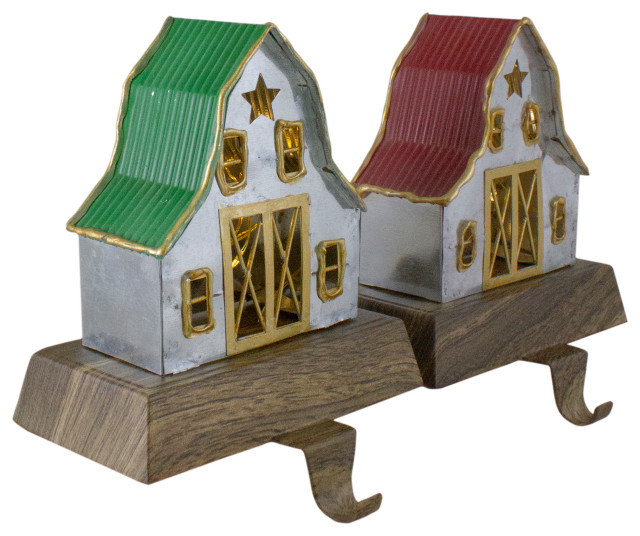 Set of 2 LED Lighted Galvanized Barn Christmas Stocking Holders 5.5 ...