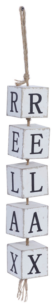 White Wood Coastal Relax Blocks Wall Decor with Rope 3" x 3" x 27 ...
