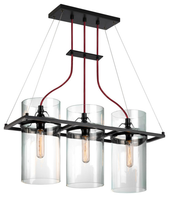 Square Ring 3-Light Linear Pendant With Satin Black Finish and Clear ...