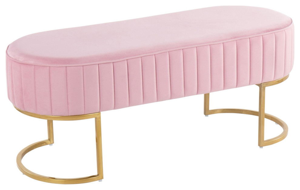 Demi Glam Pleated Bench, Gold Steel/Pink Velvet - Contemporary ...