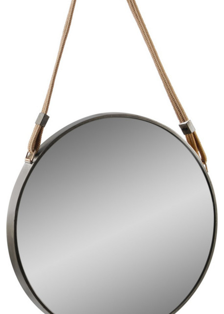 Round Metal Encased Wall Mirror with Rope Hanger, Black and Silver ...