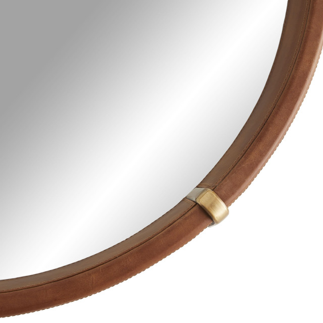 Edmund Mirror, Brown Leather, Antique Brass, Plain Mirror, 30"W (4846 ...