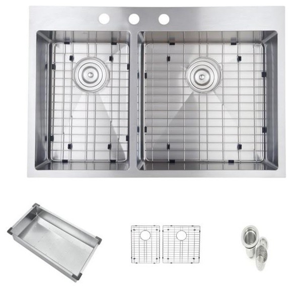 33" Top Mount/Drop-In Double Bowl Stainless Steel Kitchen Sink With Set ...