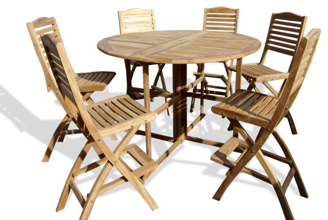 Grade A Teak 59" Round Folding Bar Table With 6 Folding Bar Chairs ...