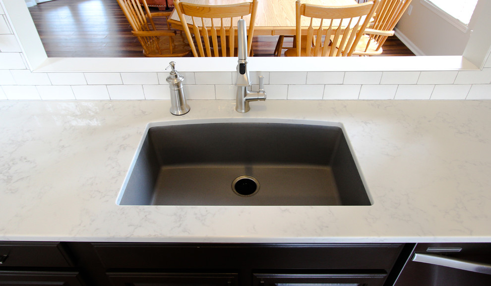 White Kitchen with White Subway Tile and Eternia Quartz Countertop ...