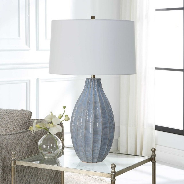Curved Light Blue Ribbed Striped Table Lamp 28 in Ceramic Contemporary ...