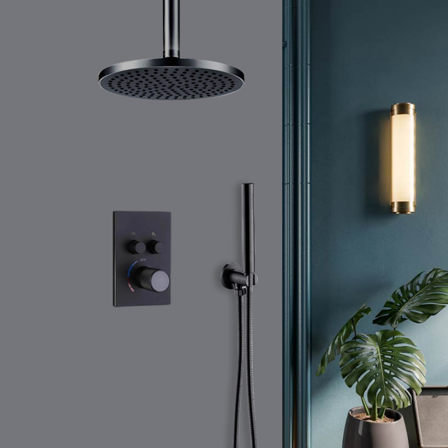 Matte Black Round Shower Head With 2-Way Concealed Thermostatic Mixer ...