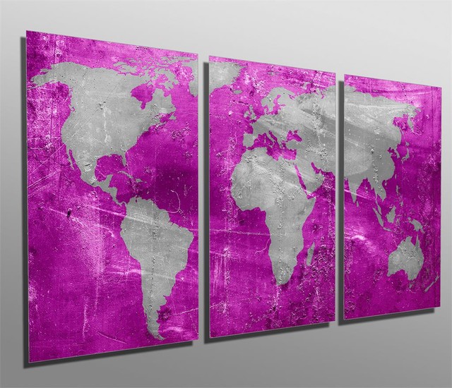 Pink, Purple, Silver World Map, Metal Print Wall Art, 3 Panel Split ...