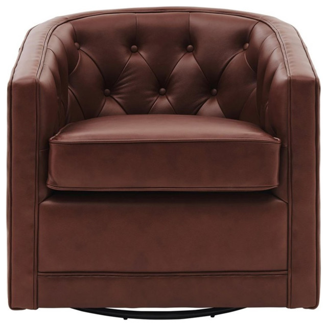 Pemberly Row 19" Top Grain Leather Swivel Chair in Garrett Brown ...
