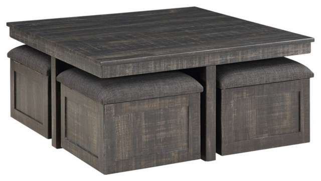Moseberg Brown Rustic Wood Coffee Table with Storage Stools - Coffee ...