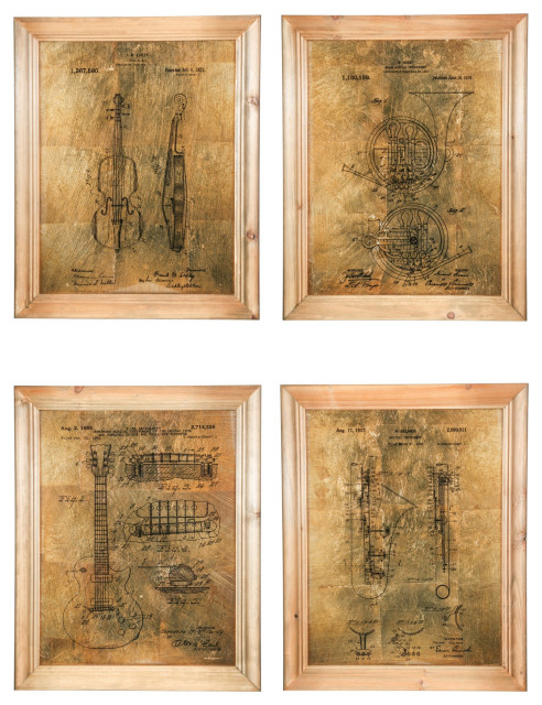 Rectangular Wooden Wall Art with Musical Instruments, Assortment of 4 ...
