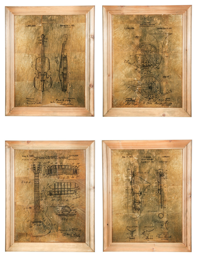 Rectangular Wooden Wall Art with Musical Instruments, Assortment of 4 ...