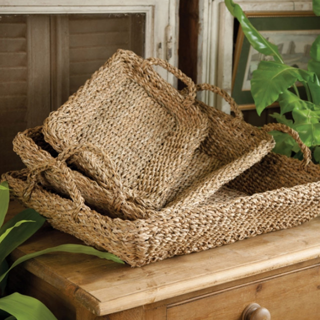 Luxe Set of 3 Woven Natural Seagrass Trays 29 in Coastal Cottage Rope ...