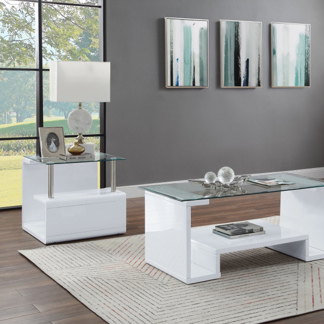 Modern End Table, Geometric High Gloss White Body With Square Clear ...